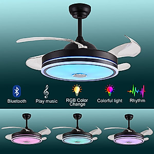 DFL 42" Ceiling Fan with Light, Fandelier, Retractable Ceiling Fan Light and Bluetooth Speaker RGB Color Changing with Remote Controller for Living Room/Bedroom/Restaurant Music Black