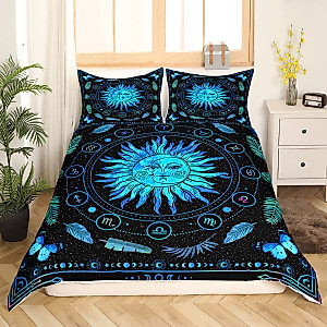 Sun and Moon Comforter Cover Constellations Astrology Bed Sets Moon Phase Duvet Cover King Green Botanical Leaves Bedding Exotic Feather Bedspread Cover with Zipper Closure Black Blue 3 Pieces Cozy