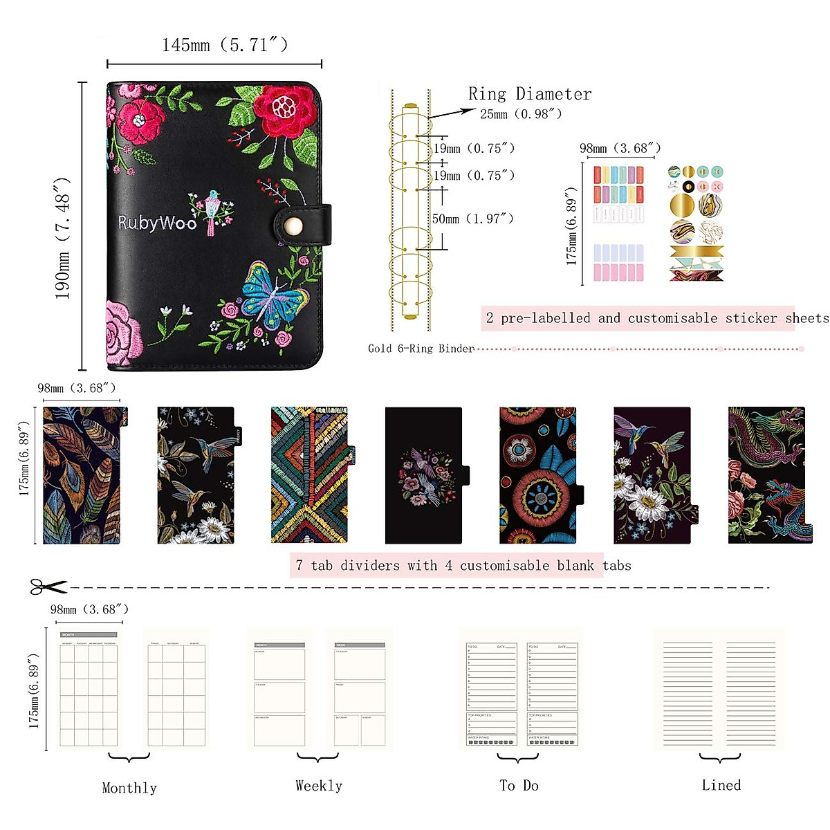 Guokichy Journal Travel Composition Notebook Filofax Planner Organiser Refills for Monthly Weekly Daily (Embroidery, A6)