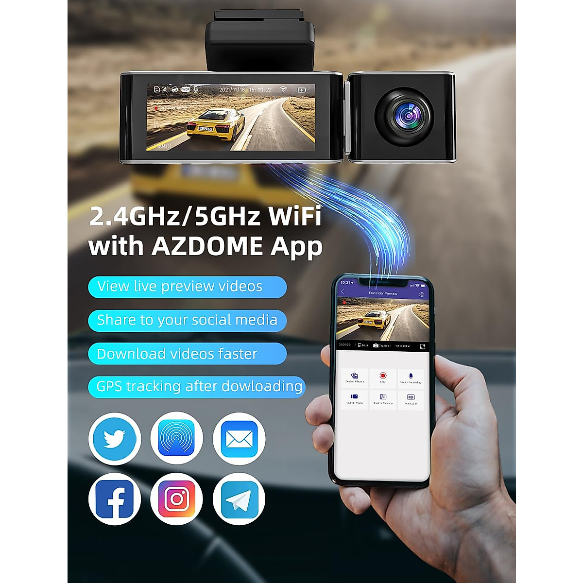 AZDOME 5G WiFi 4K 3 Channel Dash Cam, Free 64GB Card, 4K+1080P Front and Rear, 2K+1K Front and Inside, 2K+1K+1K Three Way Dash Camera, WDR IR Night Vision, 24H Parking Mode, Support 256GB Max
