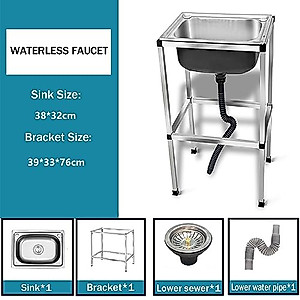 Stainless Steel Freestanding Sink, Outdoor Utility Indoor Laundry Sink, Single Bowl Commercial Restaurant Kitchen Sink, Mobile Portable Sink, for Laundry Garage (Size : 38x32cm/15x12.6in)