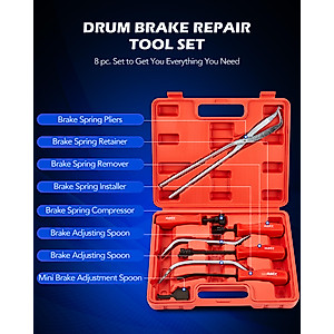 Orion Motor Tech 8pc Drum Brake Tool Kit, Drum Brake Tool with Drum Brake Spring Tool, Brake Spring Compressor, Brake Spring Pliers, Drum Brake Adjusting Tool, Brake Spoon Set, Brake Drum Tool Kit
