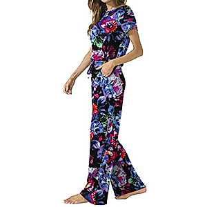 LAINAB Womens Casual Floral Short Sleeve Drawstring Waist Jumpsuits Slateblue M