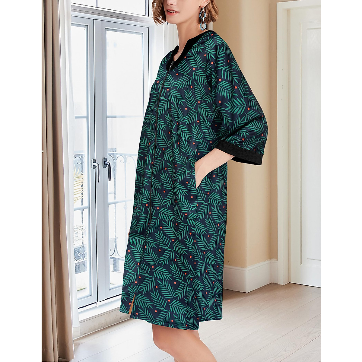 Ekouaer Women Zipper Robe 3/4 Sleeve Nightgowns Lightweight Short Bathrobe with Pockets Leaf Print,L