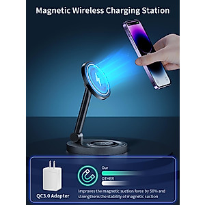 2 in 1 Foldable Magnetic Wireless Charger, 15W Fast Charging Mag-Safe Charger Stand for iPhone 15/14/13/12 Series, Portable Wireless Charging Station for AirPods 3/Pro/2 (with QC3.0 Adapter)