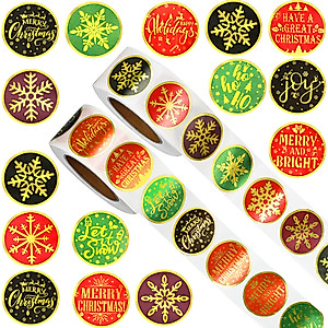 Outus 1000 Pieces Merry Christmas Stickers Gold Foil Snowflake Colorful Round Sticker Christmas Label Stickers Envelope Seal Gifts Decorations for Christmas Card Party Favor, 1 Inch