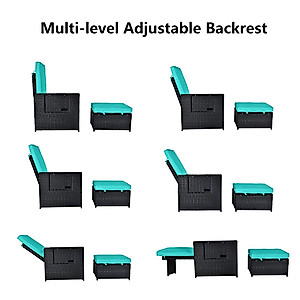 VUYUYU 5PCS Outdoor Wicker Chaise Lounge Chair - Rattan Adjustable Reclining Patio Lounge Chair with Ottoman and Coffee Table, for Patio Beach Pool Backyard (Black Wicker Turquoise Cushion)