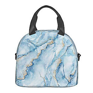 Blue Marble With Gold Glitter Marbling Texture Lunch Bag Reusable Insulated Lunch Tote Bag Lunchbox Container With Adjustable Shoulder Strap For Office Work School Picnic Travel