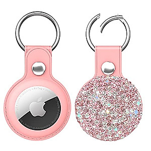 QearFun Bling Diamond Apple Airtag Case, Sparkly Leather Airtag Keychain Holder with Shiny Rhinestone, Glitter Girly Fancy Apple Air Tag Holder Gifts for Kids Girls Women(Pink)