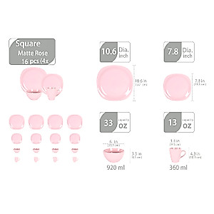 HomeVss, Stoneware Square 16pc Dinnerware Set, Matte Rose