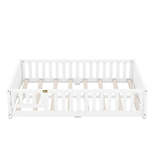 HomSof Full Size Bed Floor Bed with Safety Guardrails and Door for Kids,77.6''L x 55.9''W x 17.5''H， White