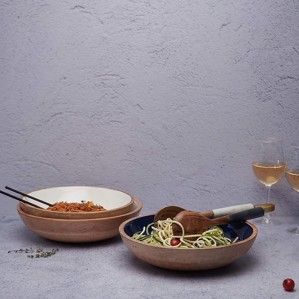 Set of 2 Large Serving Bowls with Salad Servers for Parties or Wooden Bowls for Food, Pasta, Salad, Fruits, 12 inch and 11 inch Wood Bowls, Mango Wood, Blue