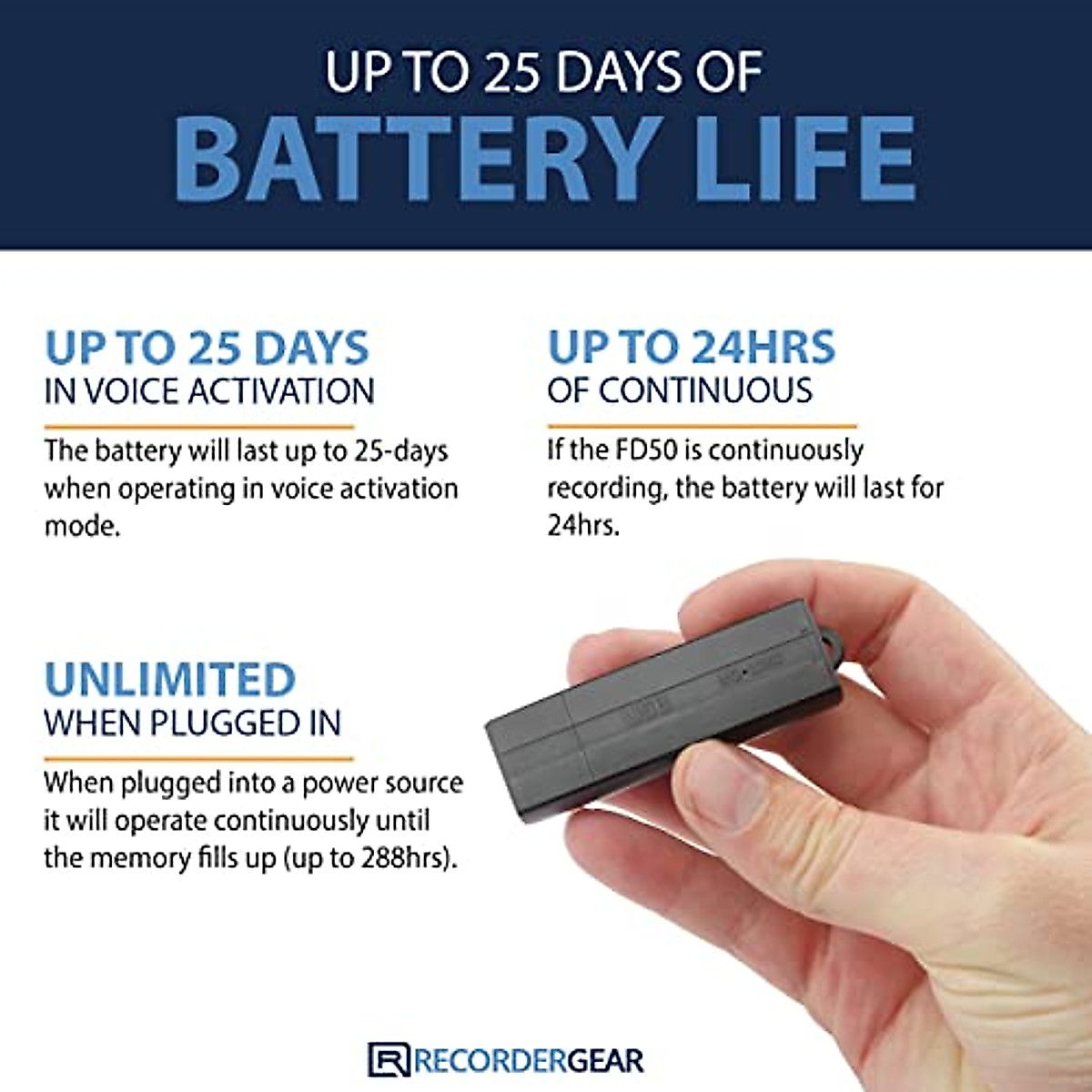 RecorderGear FD50 Mini USB Flash Drive Voice Recorder 8GB Voice Activated Recorder, 25-Day Battery, Time/Date Stamp, Records While Plugged in, Dual Recording Mode Switch Digital Audio Recording Device