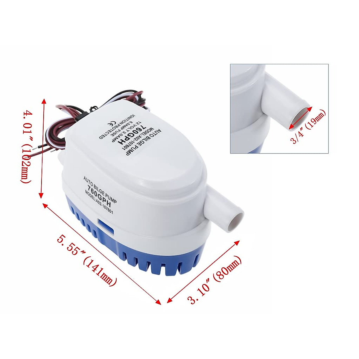 Mono-gatari Automatic Submersible Boat Bilge Pump Auto Bilge Pumps for Boats with Float Switch 12V 760GPH 3/4 inch (19mm) Outlet Dia