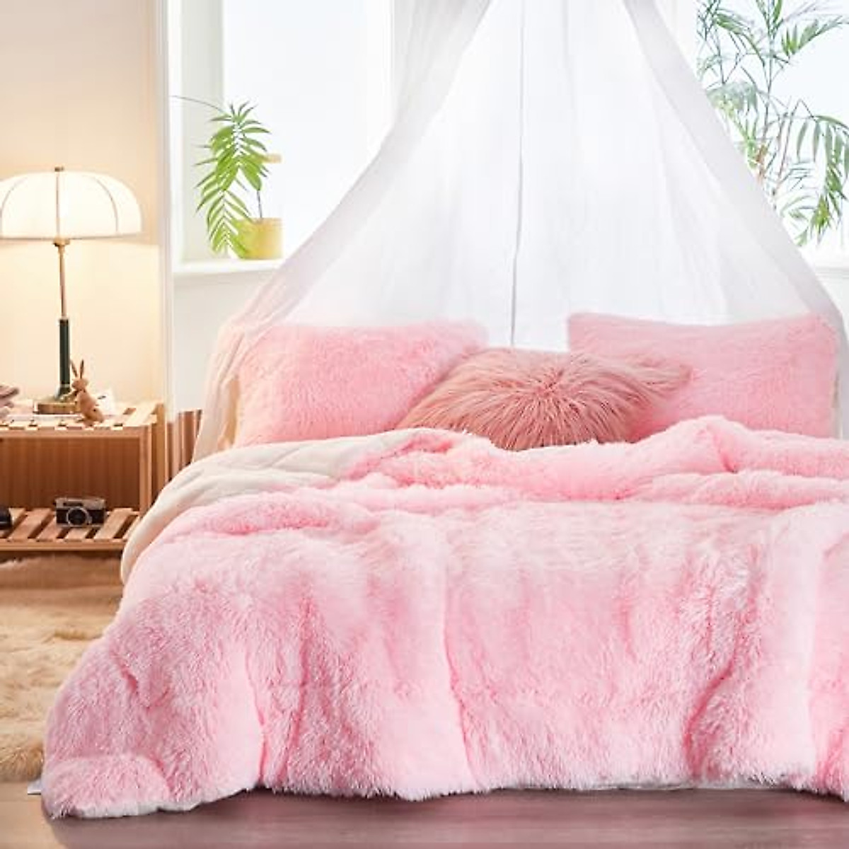 Luxury Faux Fur Shaggy Comforter Set King Size, Plush & Sherpa Reversible Comforter Pink, 3 Pieces Fluffy Fuzzy Bedding Set Ultra Soft and Warm for Winter (1 Comforter + 2 Pillowcases)