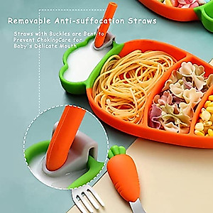 SETFLAGS Toddler Plates with Suction, Silicone Suction Plates for Baby, Cute Carrot Divided Plates and Utensils Set, Non Slip, BPA Free, Feeding Set for 1-5 years old, Microwave Dishwasher Safe