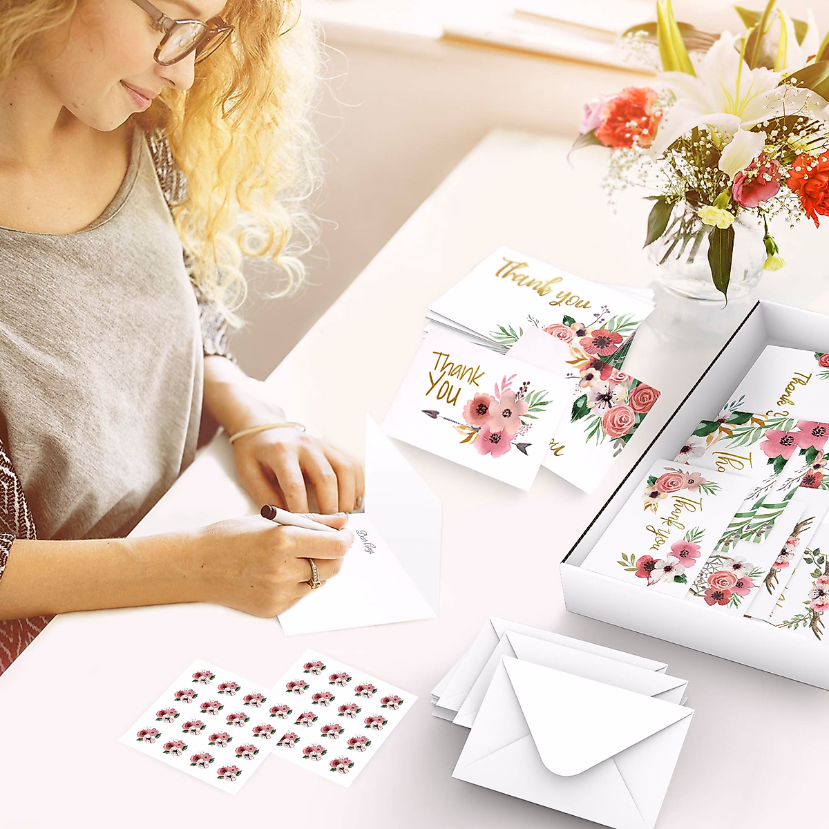 Boho Floral Thank You Cards for Designer Thank You Notes! Bulk Set of 48 Blank Cards with Envelopes for Baby Shower Note Cards, Wedding Thank You Cards and Bridal Shower Thankyou Card