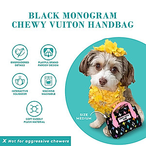 Haute Diggity Dog Black Monogram Chewy Vuiton Handbag, Plush Designer Dog Toys with Interactive Squeaker, Stimulating Pet Enrichment, Machine-Washable & Safe Materials for All Breeds, Size Small