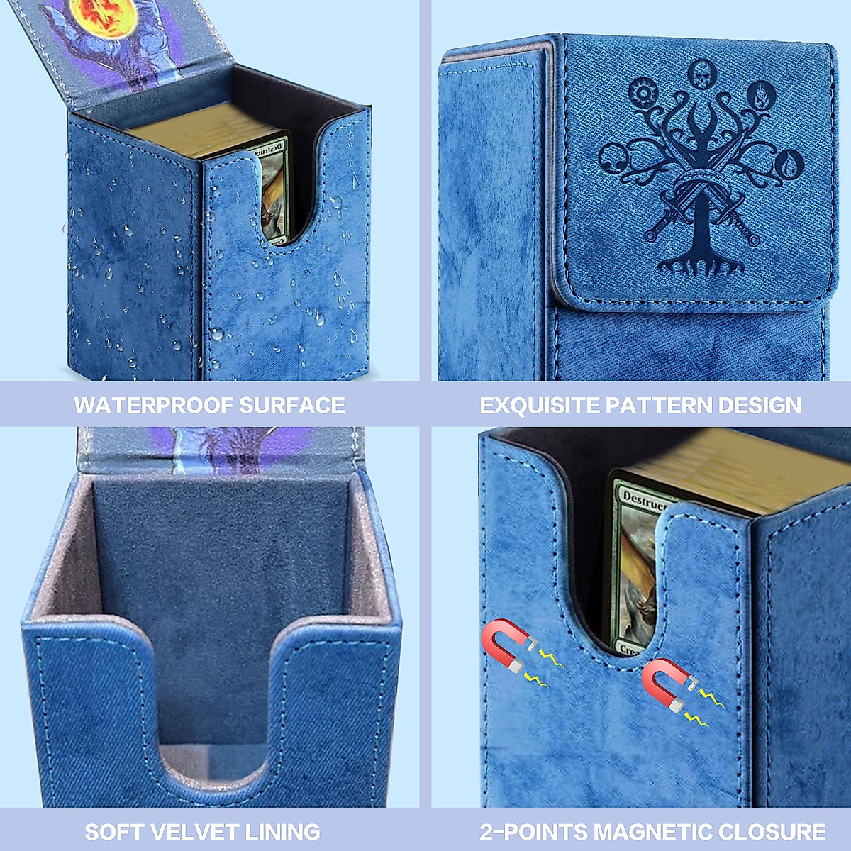 PROMAXIBINDER MTG Commander Deck Box with 2 Dividers, Fits 100+ Single Sleeved Cards, Strong Magnet Magic Gathering Deck Box, PU Leather Trading Card Storage Box for TCG CCG MTG Cards (Navy Blue-Tree)