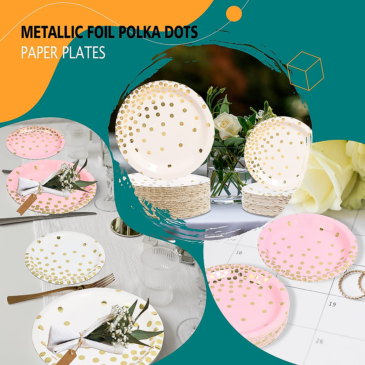 DYLIVeS White and Gold Paper Plates, 7 inch Metallic Foil Polka Dots Disposable Dessert Party Plates Cocktail Party Supplies Plates for Birthday, Bridal Shower, Easter, Graduation Party, 50 Pack