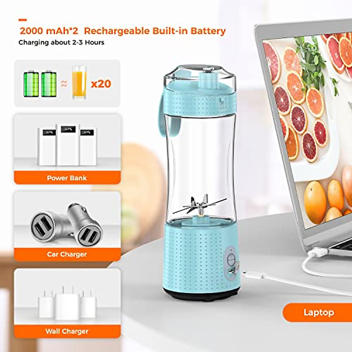 Aoozi Portable Blenders, Personal Size Blender Smoothies and Shakes,Mini Blender USB Rechargeable, Handheld Blender Sports,Travel and Home (SkyBlue)