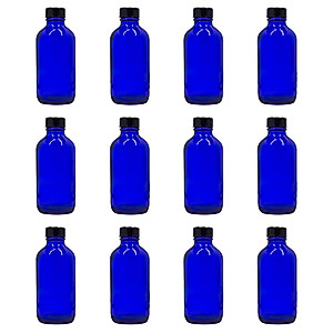 U-Pack 4 oz Cobalt Blue Glass Boston Round Bottles With Black Ribbed Cap - 12 Pack