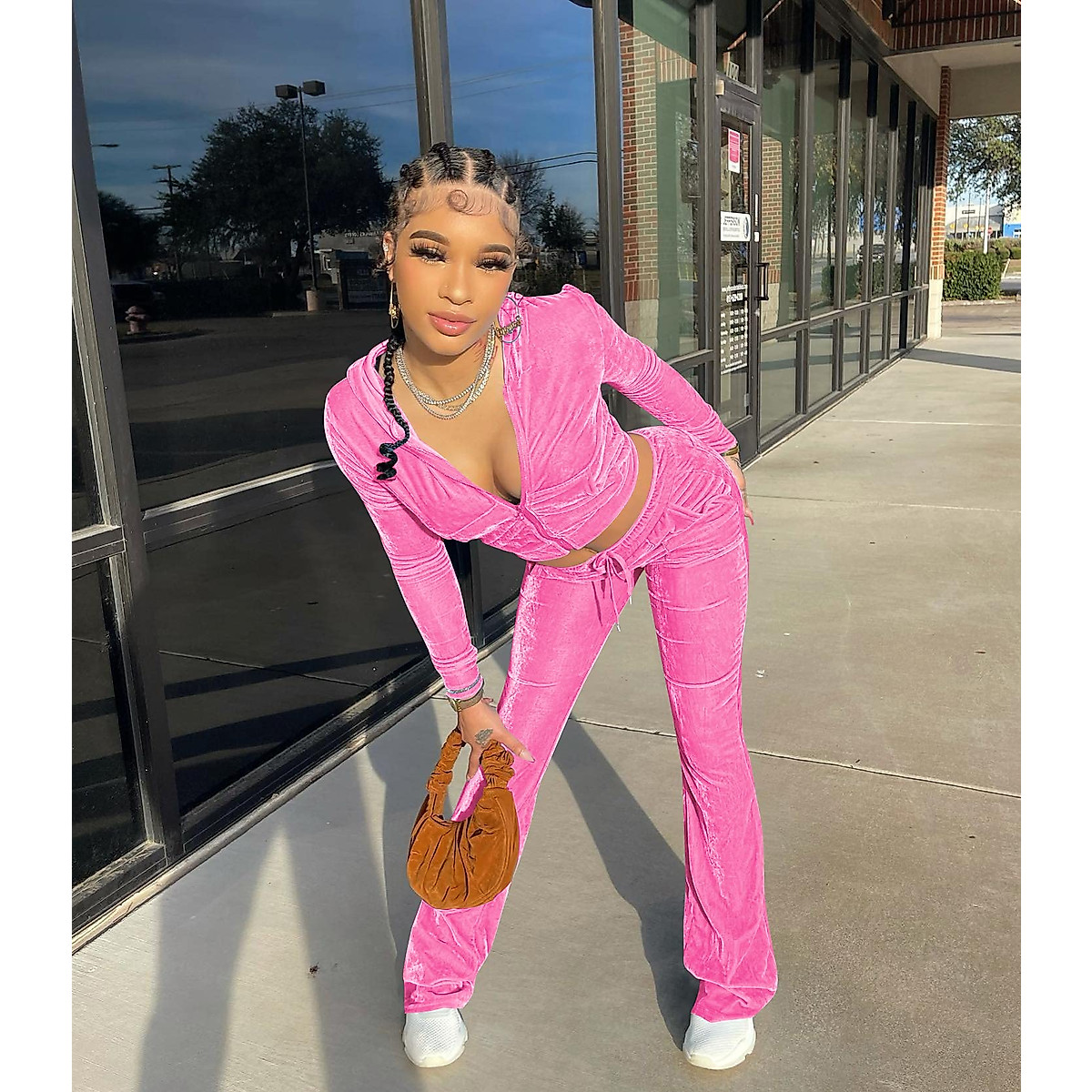 Yeshire Women's 2 Piece Outfits Velvet Sweatsuits Zip-up Hoodie Jacket Casual Jogging Set Tracksuit Set with Pockets Large Pink