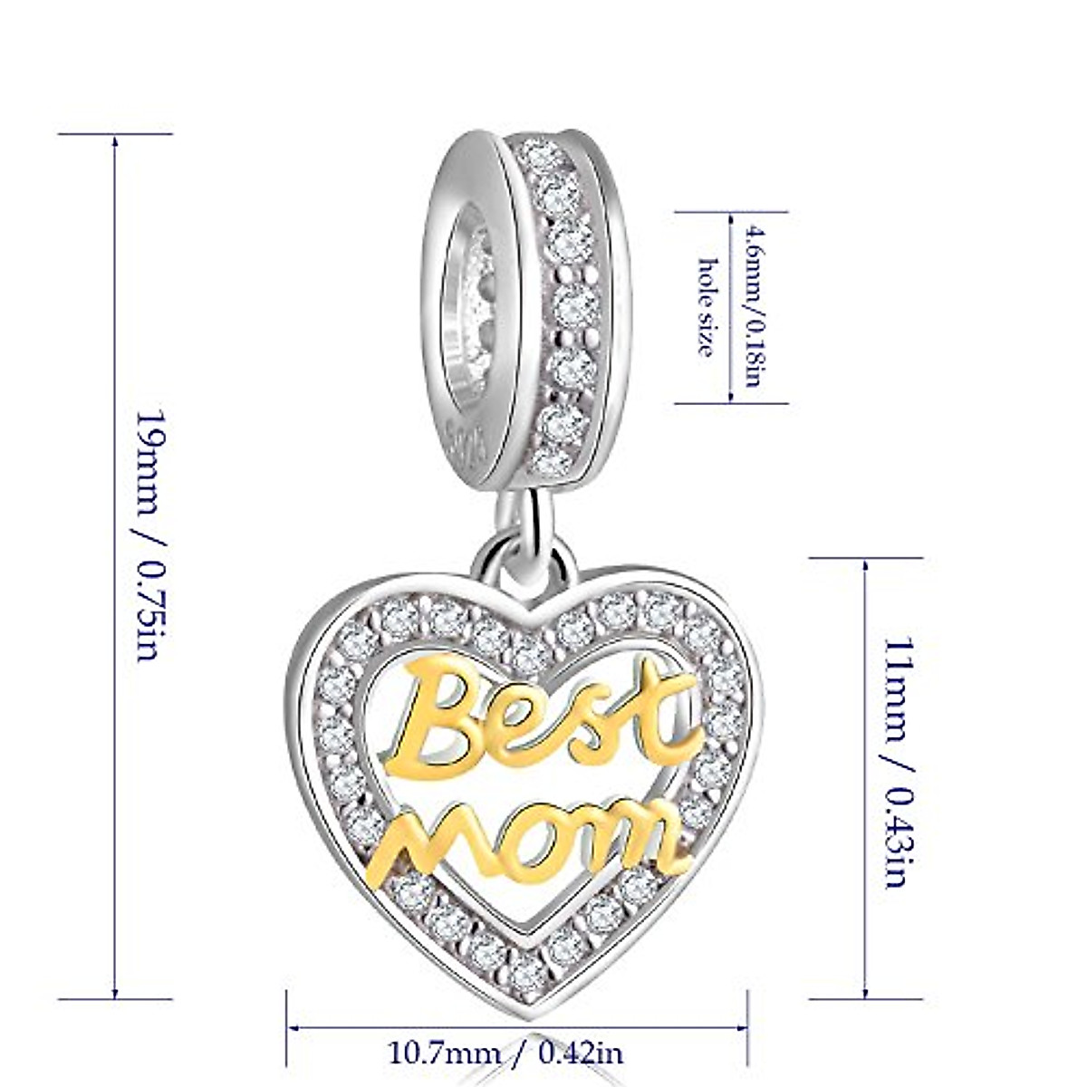 ENJOOOY Sterling Silver Mother Charm Best Mom Charm Pendant with 24k Gold Plating Heart Love Charm Bead fit Women Charm Bracelets