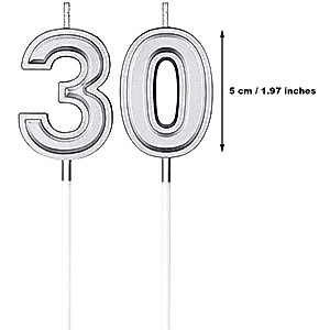 30th Birthday Candles Cake Numeral Candles Happy Birthday Cake Candles Topper Decoration for Birthday Anniversary Wedding Supplies Celebration (Silver)