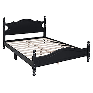 Harper & Bright Designs Full Size Platform Bed with Headboard, Retro Style Full Size Bed Frame, Full Wood Bed Frame with Slat Support for Bedroom, No Box Spring Needed (Black)