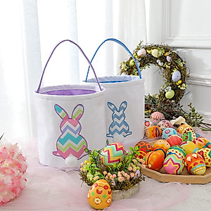 Easter Baskets for Kids 2 Packs Easter Egg Hunt Baskets for Boys and Girls Easter Bunny Candy Storage Gift Basket Easter Day Decorations (Stripe Multi+Blue)