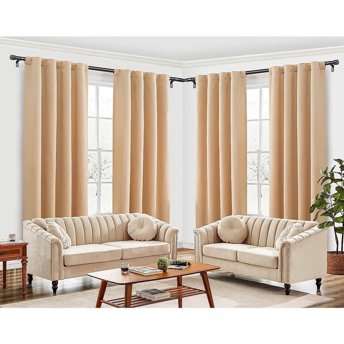 Heavy Duty Corner Window Curtain Rods 36 to 72 Inch, HOTOZON 1 Inch Telescoping Single Drapery Rod, Black, End Cap Finials