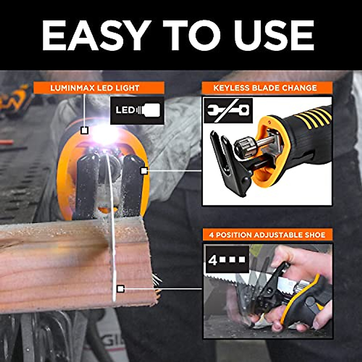 MOTORHEAD 20V ULTRA Cordless Reciprocating Saw, Lithium-Ion, Tool-Free Blade Change & Guard, 1” Stroke, 0-3000 SPM, Variable Speed Trigger, 2Ah Battery, Quick Charger, Bag, 2 Blades, USA-Based