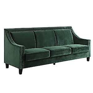 Iconic Home Camren Sofa Velvet Upholstered Swoop Arm Silver Nailhead Trim Espresso Finished Wood Legs Couch Modern Contemporary, Green