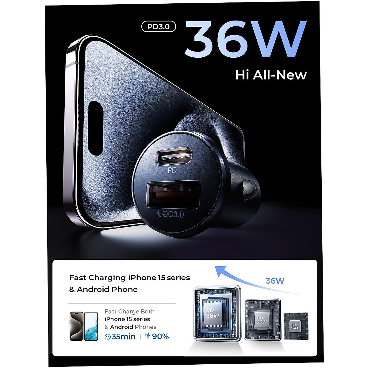 LISEN 54W USB C Car Charger Adapter [Mini & Metal] Cigarette Lighter USB Charger Fast Charging [PD QC 3.0] USBC Car Phone Charger for iPhone 15 Pro Max Plus 14 Samsung Galaxy S24 iPad Pro