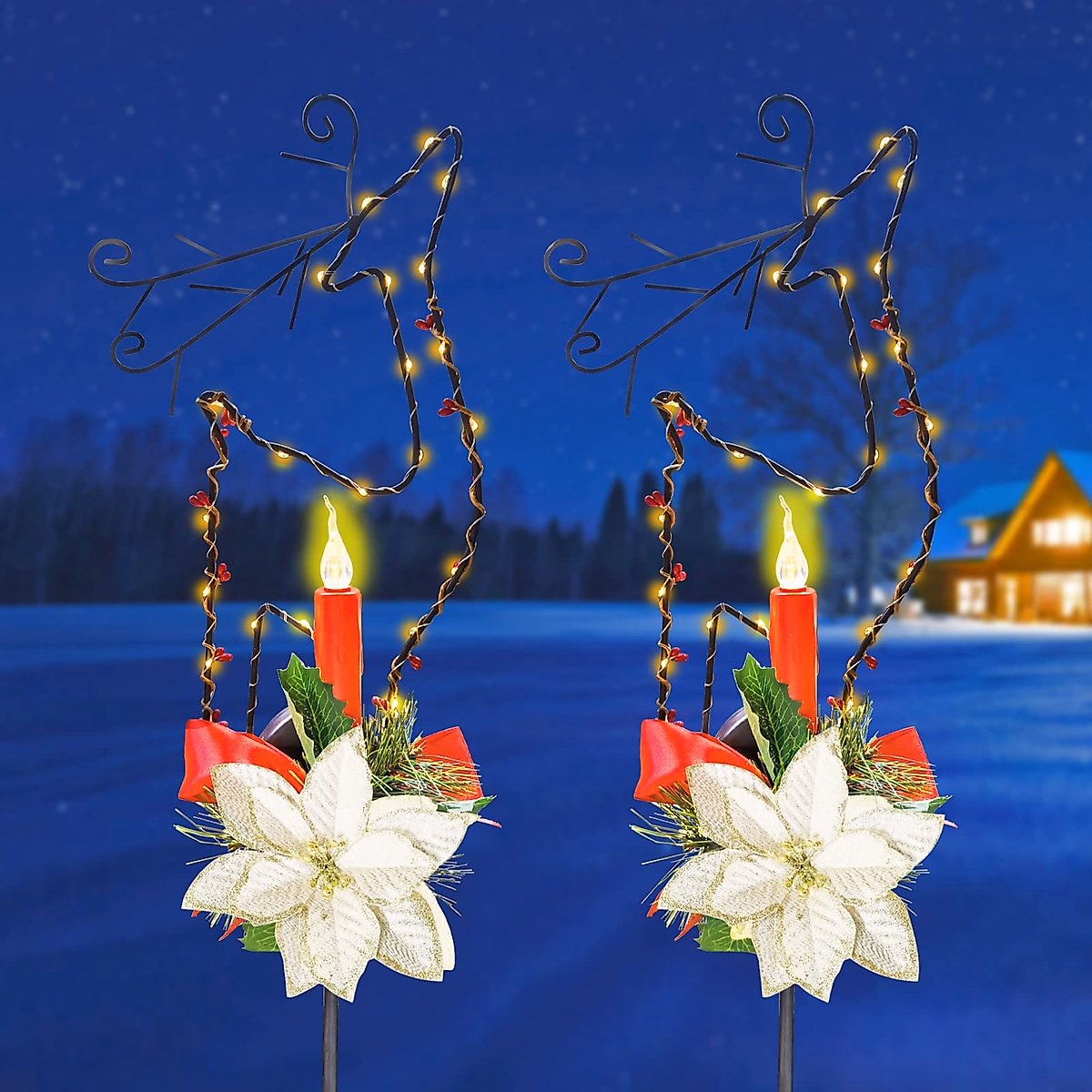 OBABA 2 Pack Solar Christmas Yard Stake Lights,Outdoor Decor Garden Metal Reindeer 33" Stakes LED Candle Light,Holiday Ornament for Home Lawn Pathway Walkway Driveway Winter Decoration