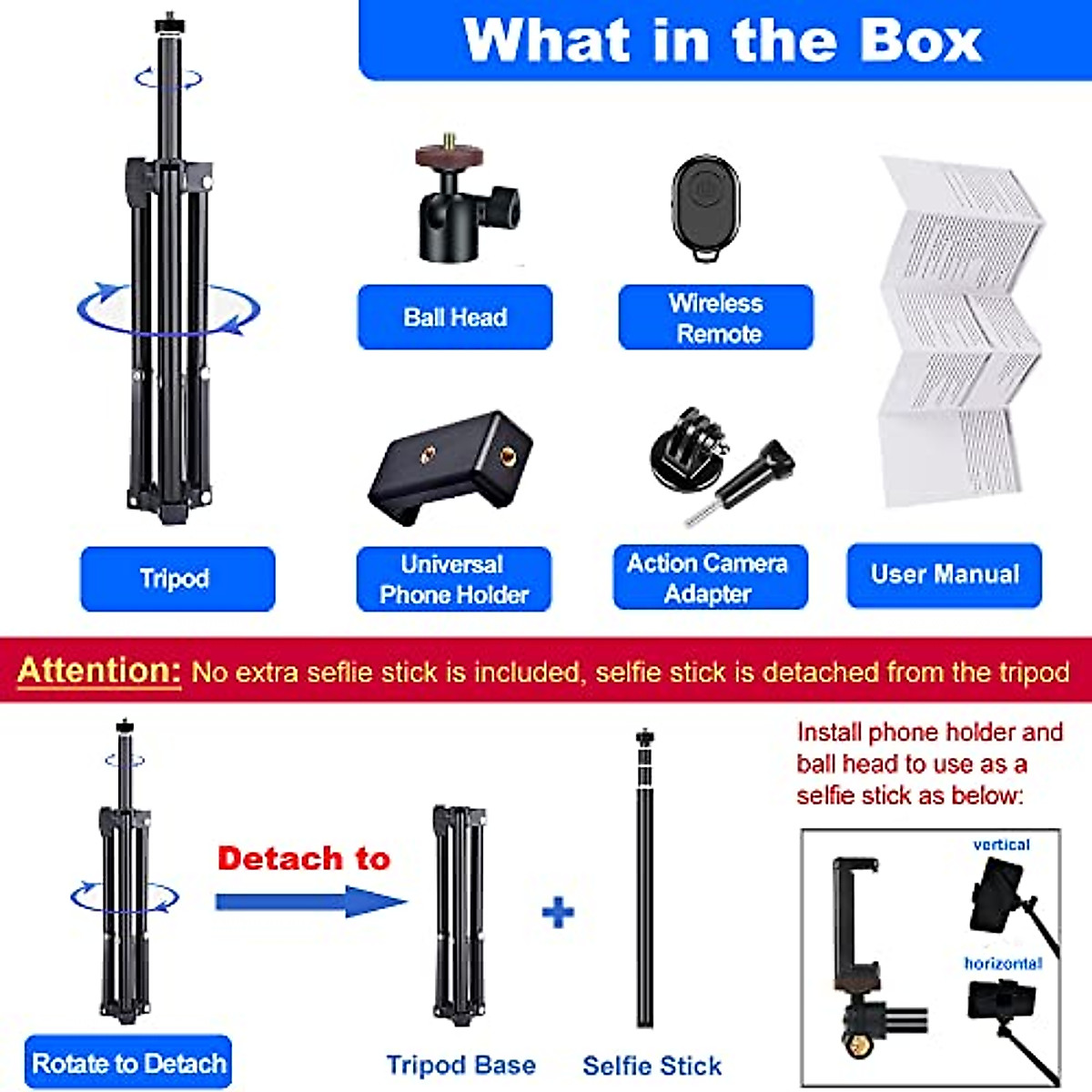 Selfie Stick Tripod, 62 inch Extendable Detachable Selfie Stick Tripod Stand with Remote for iPhone 14 13 12 Pro MAX Samsung Galaxy S23 S22 S21 Ultra