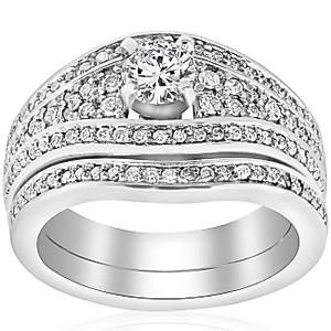 1 1/10ct Diamond Pave Wide Engagement Wedding Ring Set 14K White Gold - Size 10