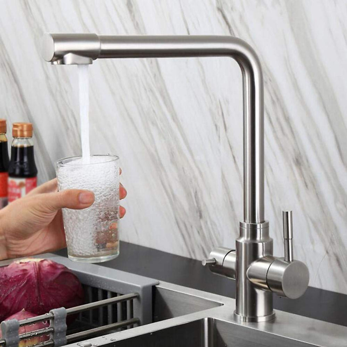 Kitchen Faucet 3 Way Stainless Steel 360 ° Swiveling Hot and Cold Water Drinking Water Faucets 3 and 1 Kitchen Faucet Brushed