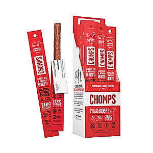 CHOMPS Grass Fed Original Beef Jerky Snack Sticks, Keto, Paleo, Whole30 Approved, Non-GMO, Gluten Free, Sugar Free, High Protein, 90 Calorie Snack, 24 Individual Servings