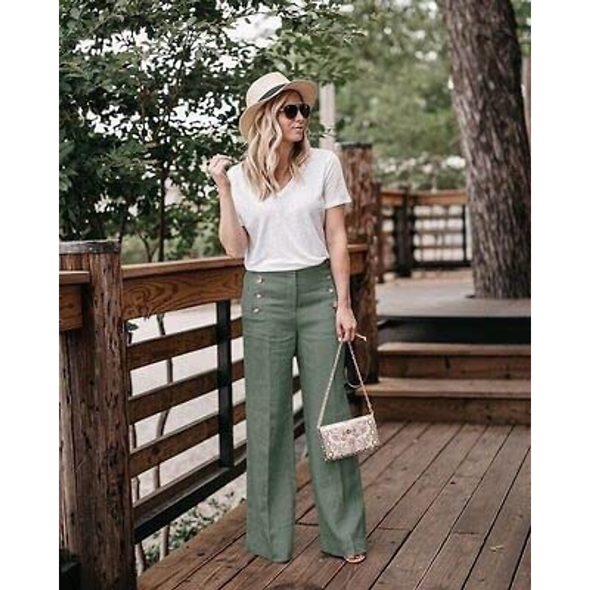 DDFS Linen Pants for Women, Summer Drawstring High Waist Linen Pants Women Wummer Cotton Linen Palazzo Pants(XL) Green