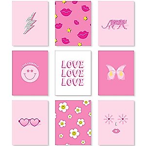 Spakon Preppy Room Decor Aesthetic Hot Pink White Wall Art for Teen Girls Bedroom Pink College Dorm Room Posters Trendy Wall Decor(UNFRAMED 8x10in)
