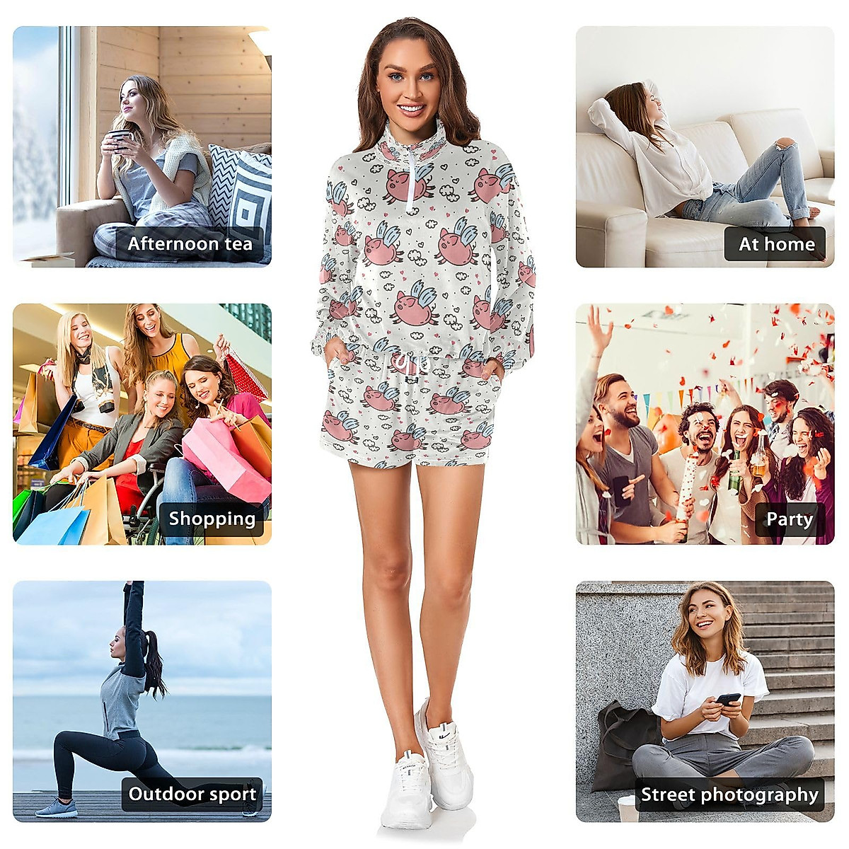 Kigai Pink Fly Pig Jogging Suits for Women Lounge Cozy Long Sleeve Half Zip Lapel Collar Sweatsuit Set,XXL