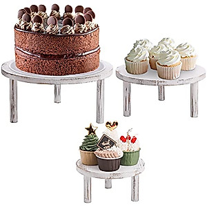 Elsjoy Set of 3 Wooden Cake Stand Round Dessert Display Riser, Stackable Cupcake Stand with Legs, Whitewashed Shabby Retail Bakery Serving Stand for Table Centerpieces, Wedding, Birthday, Party Decor