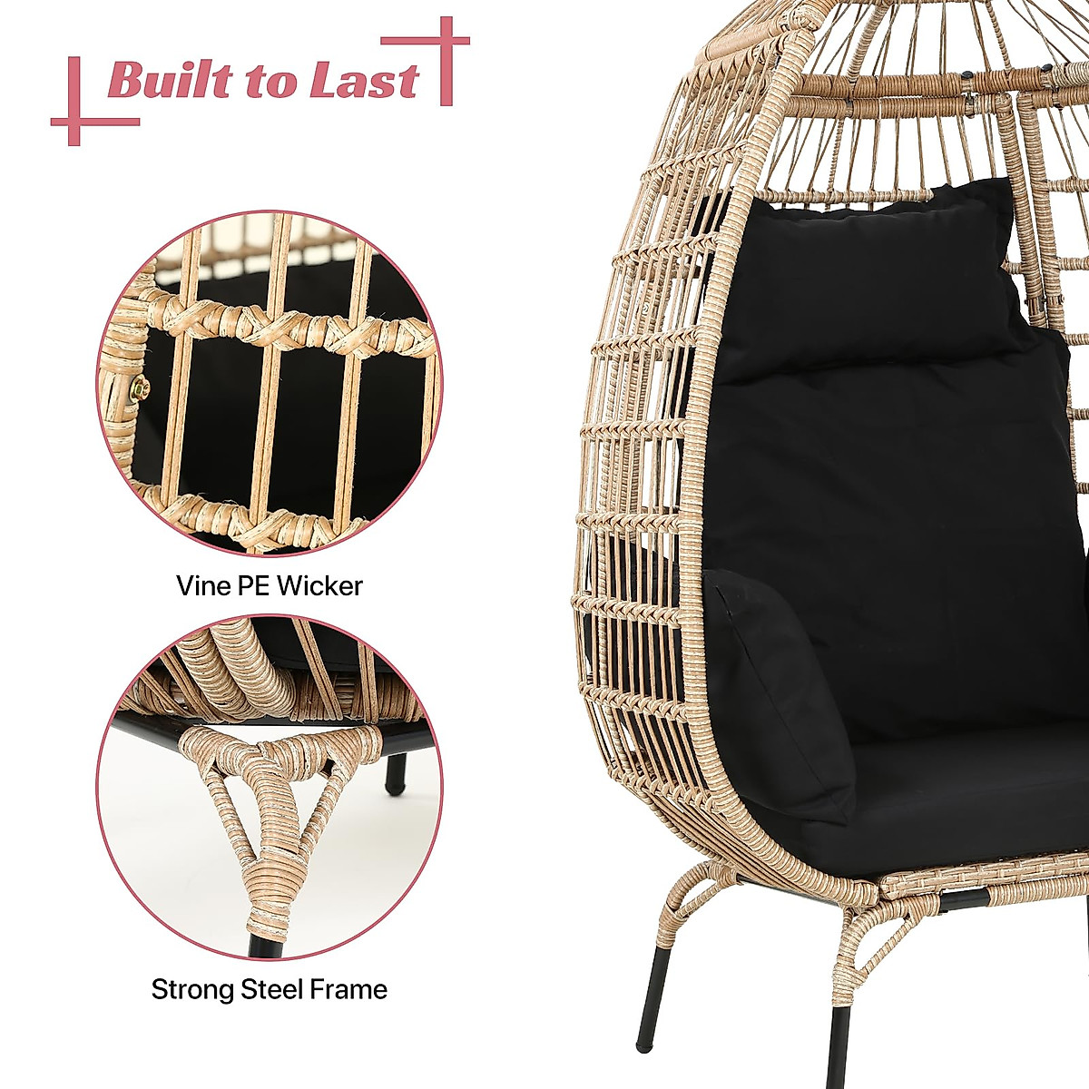 Dkelincs Wicker Egg Chair Indoor Outdoor Lounge Chair Patio Reading Chair Oversized Rattan Egg Chair for Patio, Backyard, Garden, Living Room w/ 4 Cushions Steel Frame, 352lb Capacity(Black)