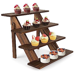 Sawjut 4 Tier Wood Display Stand, Rustic Tiered Display Shelf Riser Organizer for Vendors Perfume Pop Figures Jewelry Collectibles (Scorched Wood Color)
