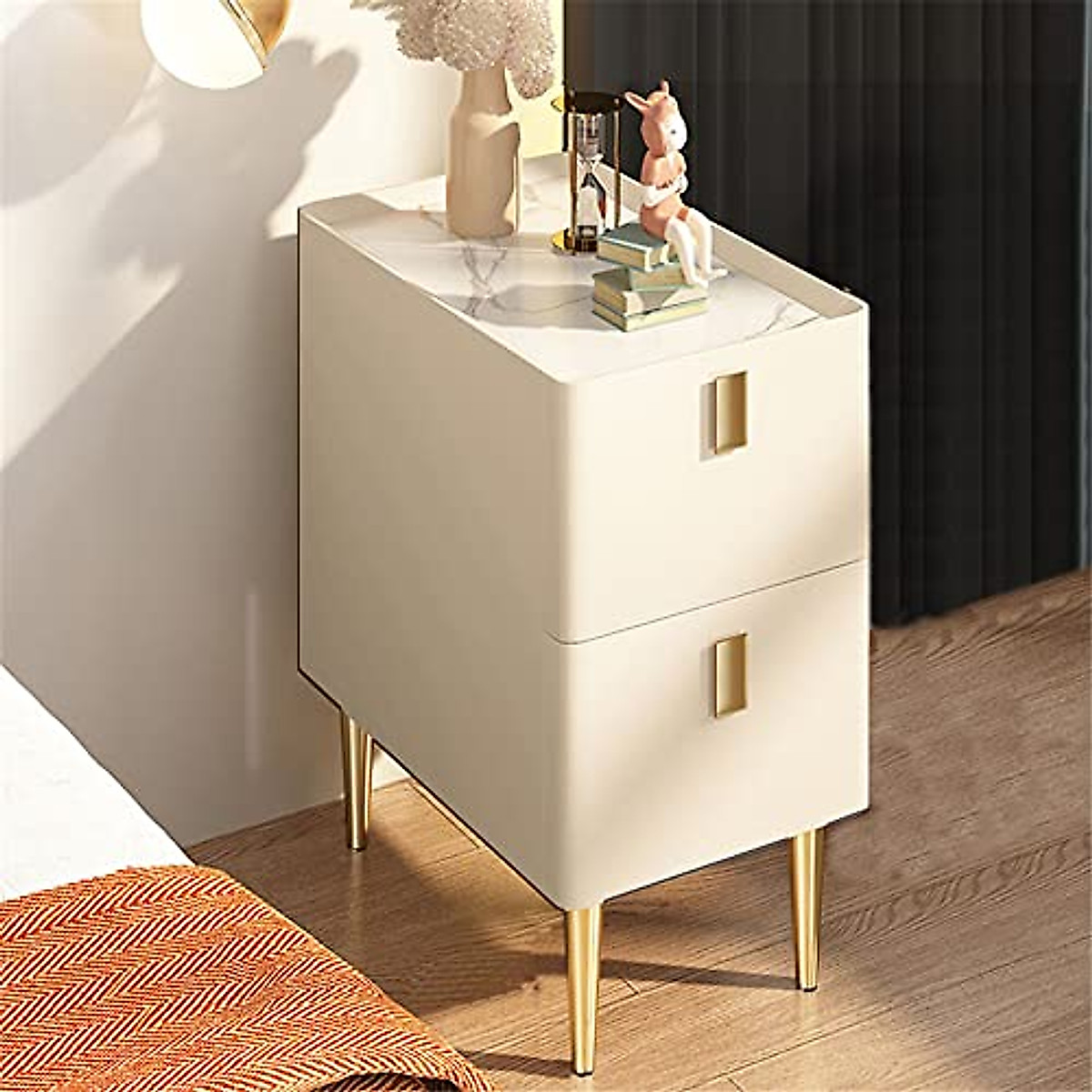 NIUYAO Nightstand Modern Solid Wood with 2-Drawer Storage Bedside Table Marble Top Practical End Side Table Bedroom Furniture -White/Gold 10" L x 16" W x 20" H