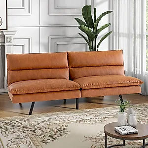IULULU Futon Sofa Bed, 71 Inch 3-Seater Faux Leather Couch, Convertible Armless Sleeper with Adjustable Backrest for Small Space, Tan