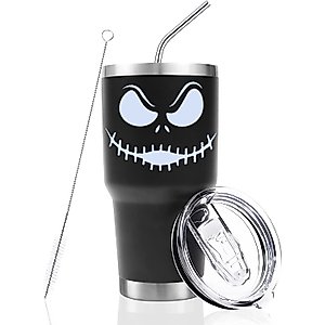 Stainless Steel Three-layer Insulation Cute jack skellington cup 30 oz tumbler with Lid and Straws travel mugs funny coffee tea cups for MenWomen boyfriend gifts (Black)