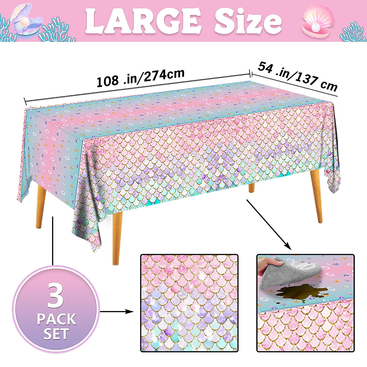 JQSSHXB Mermaid Birthday Tablecloth 3 Pack Mermaid Table Cloths Disposable Plastic Mermaid Birthday Decorations for Party Kids Girls Baby Shower Themed Mermaid Birthday Party Favors (Fish Scale)